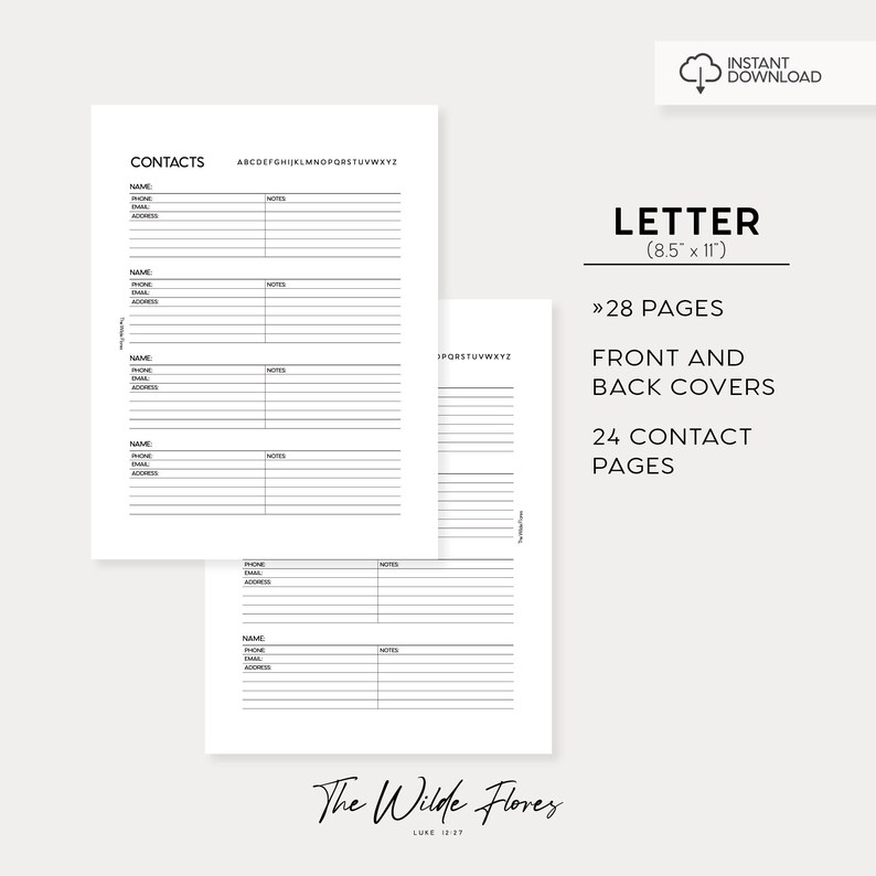 Contacts Printable Letter Size Printable Insert Note - Etsy