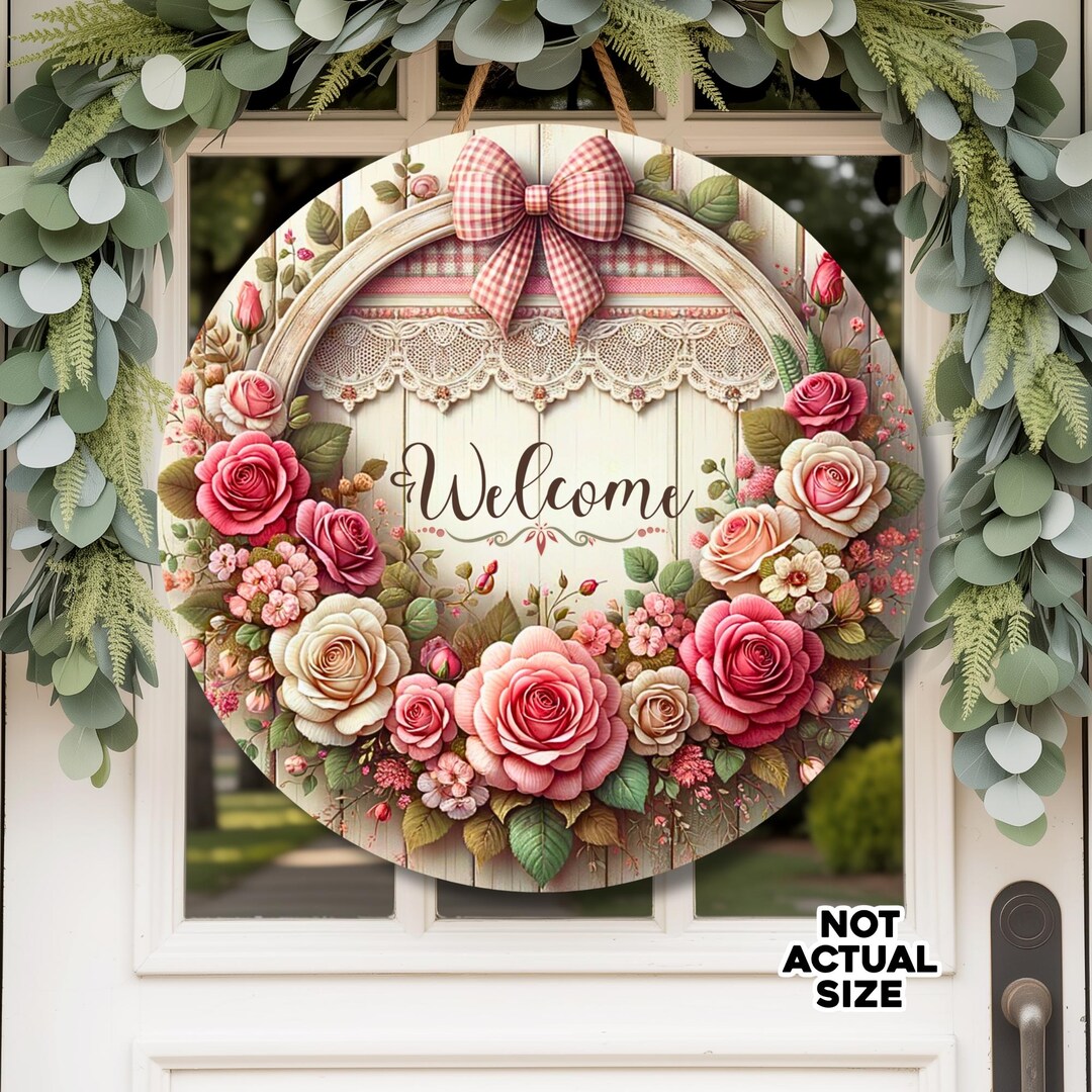 Welcome Roses Hanging Sign: Round Door Decor, 4 Sizes Available - Etsy