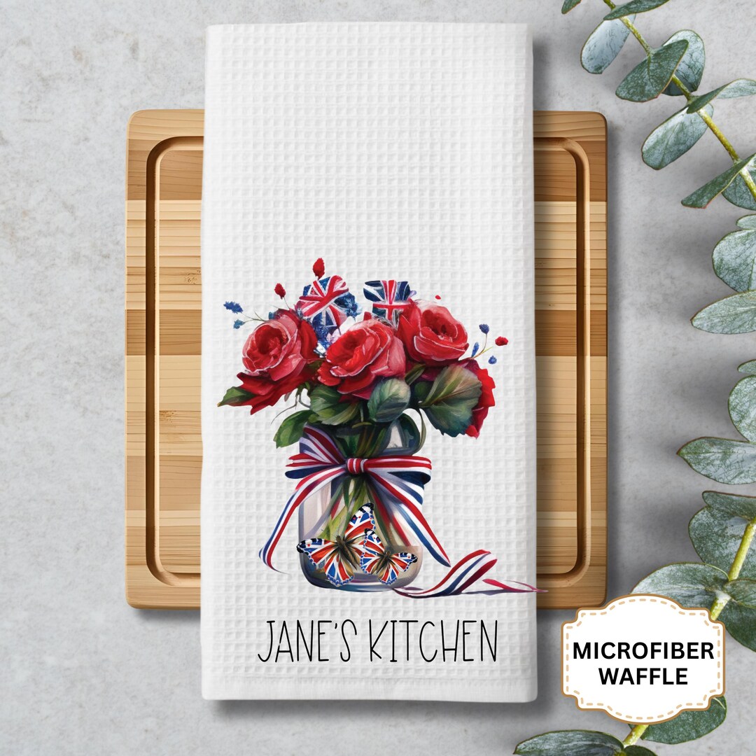 Personalized Union Jack Roses Kitchen Towel, British Butterfly Waffle ...