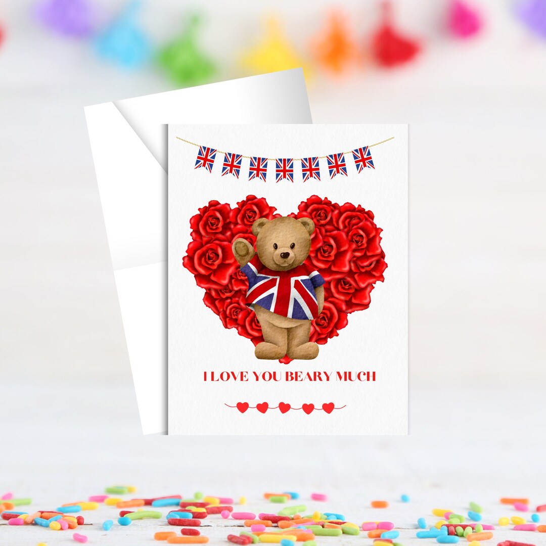 Union Jack Teddy Bear Card, Union Jack Roses Heart Card and Envelope 5 ...