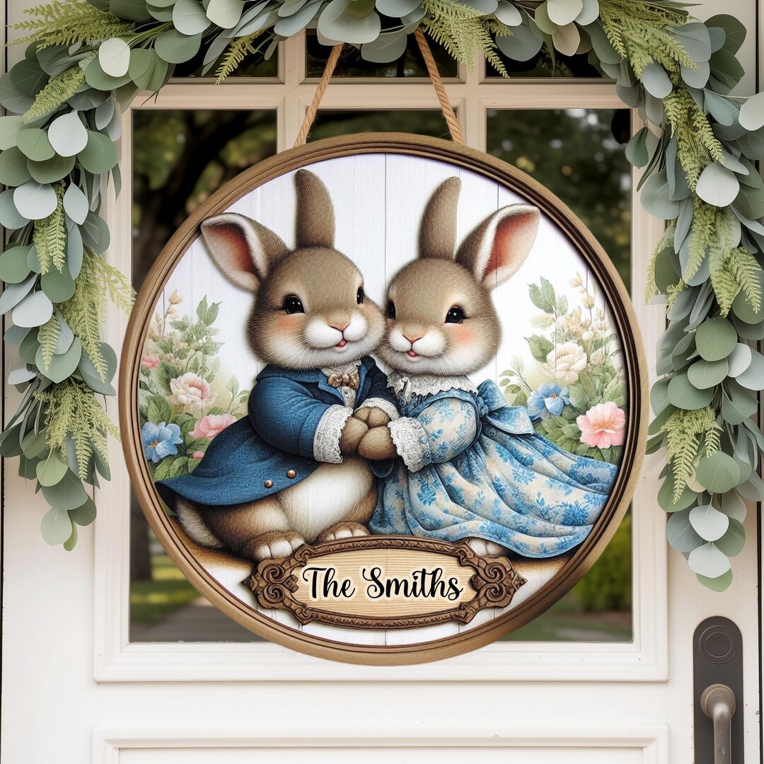 Personalized Bunny Rabbits Hanging Sign: Round Door Decor, 4 Sizes ...