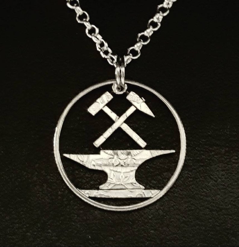 Handmade Blacksmith Anvil and Hammer Coin Jewelry Pendant, Cut From a ...