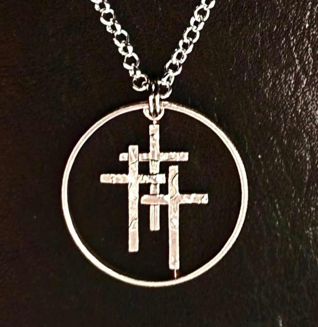 Three Crosses Pendant, Christian Jewelry, Faith Jewelry, Hand Cut Coin ...