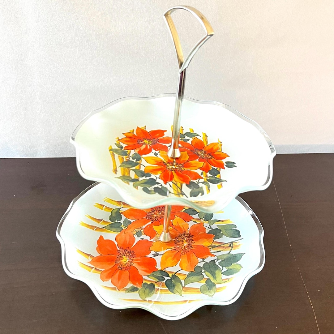 Vintage Chance Glass Two Tier Dessert Stand: Orange Flowers, Bamboo ...