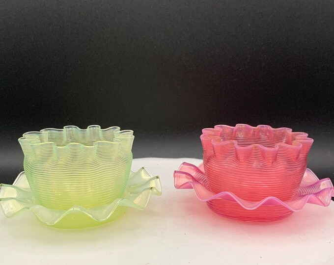 Lutz Glass, Set of Two Ruffled Edge Threaded Bowls With Matching ...