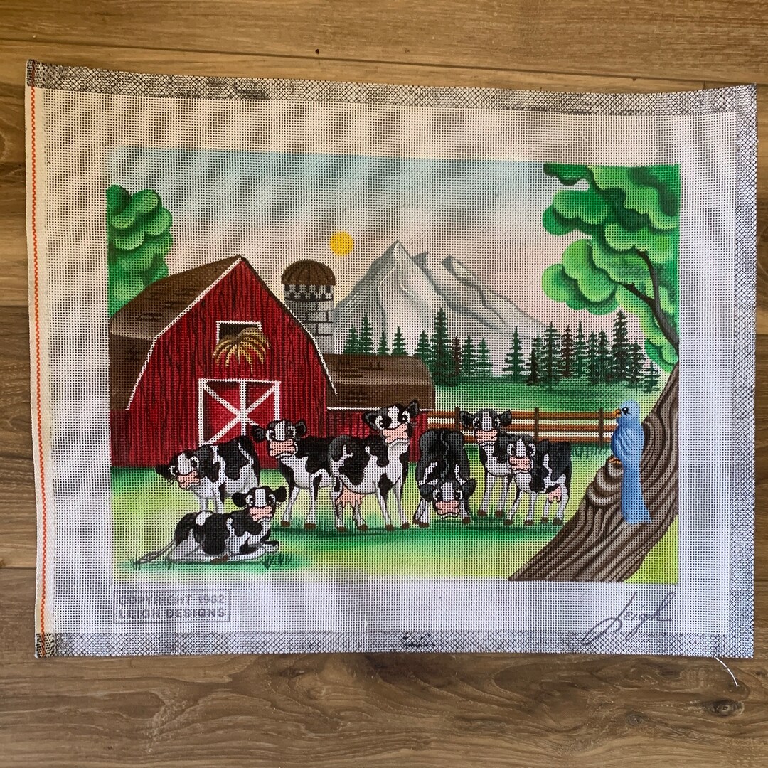 Leigh Designs Needlepoint Canvas, Copyright 1982. Cows, Barn, Mountains, Barnyard, Bluebird. - Etsy