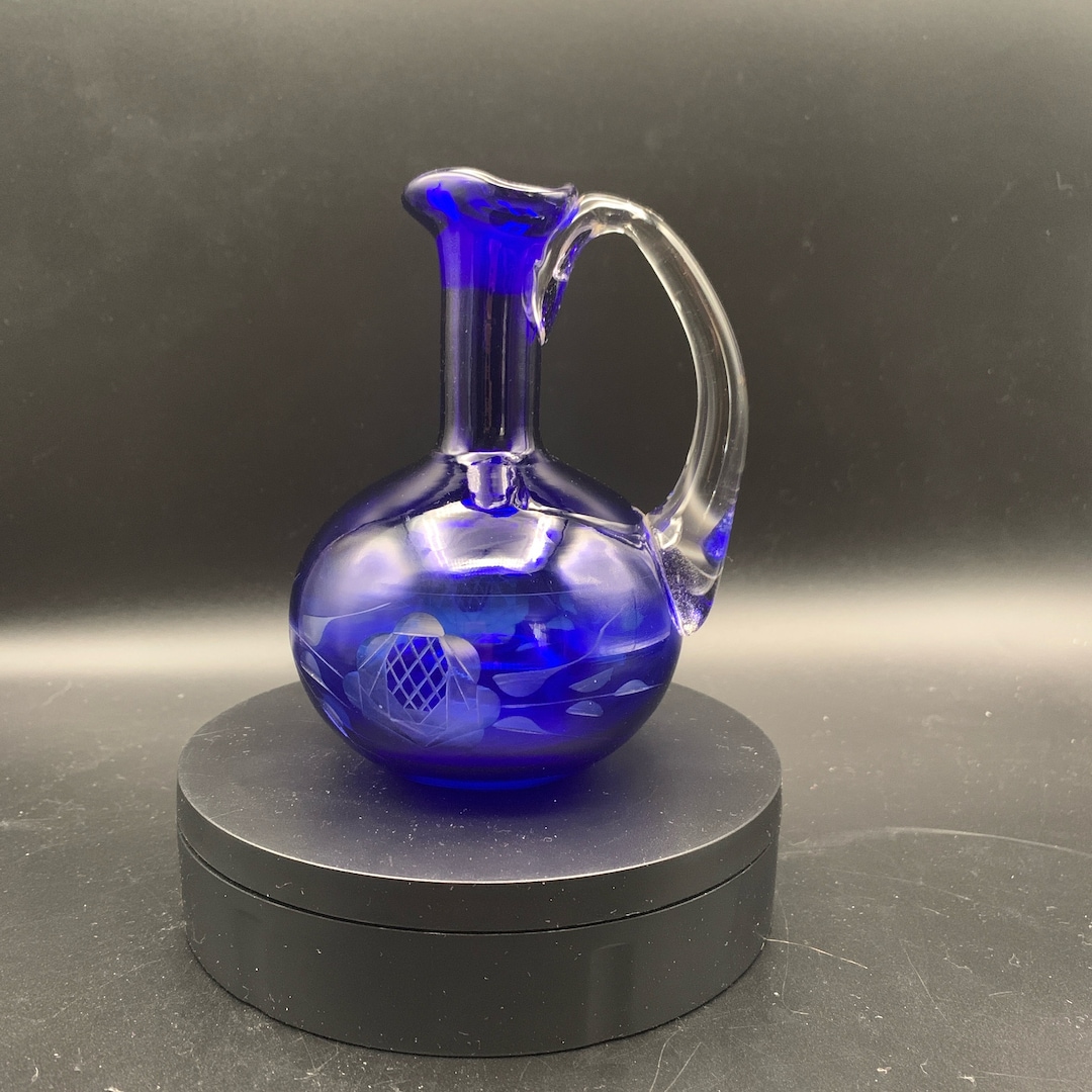 Cobalt Blue Wheel Etched Cruet, Clear Applied Handle, Excellent ...