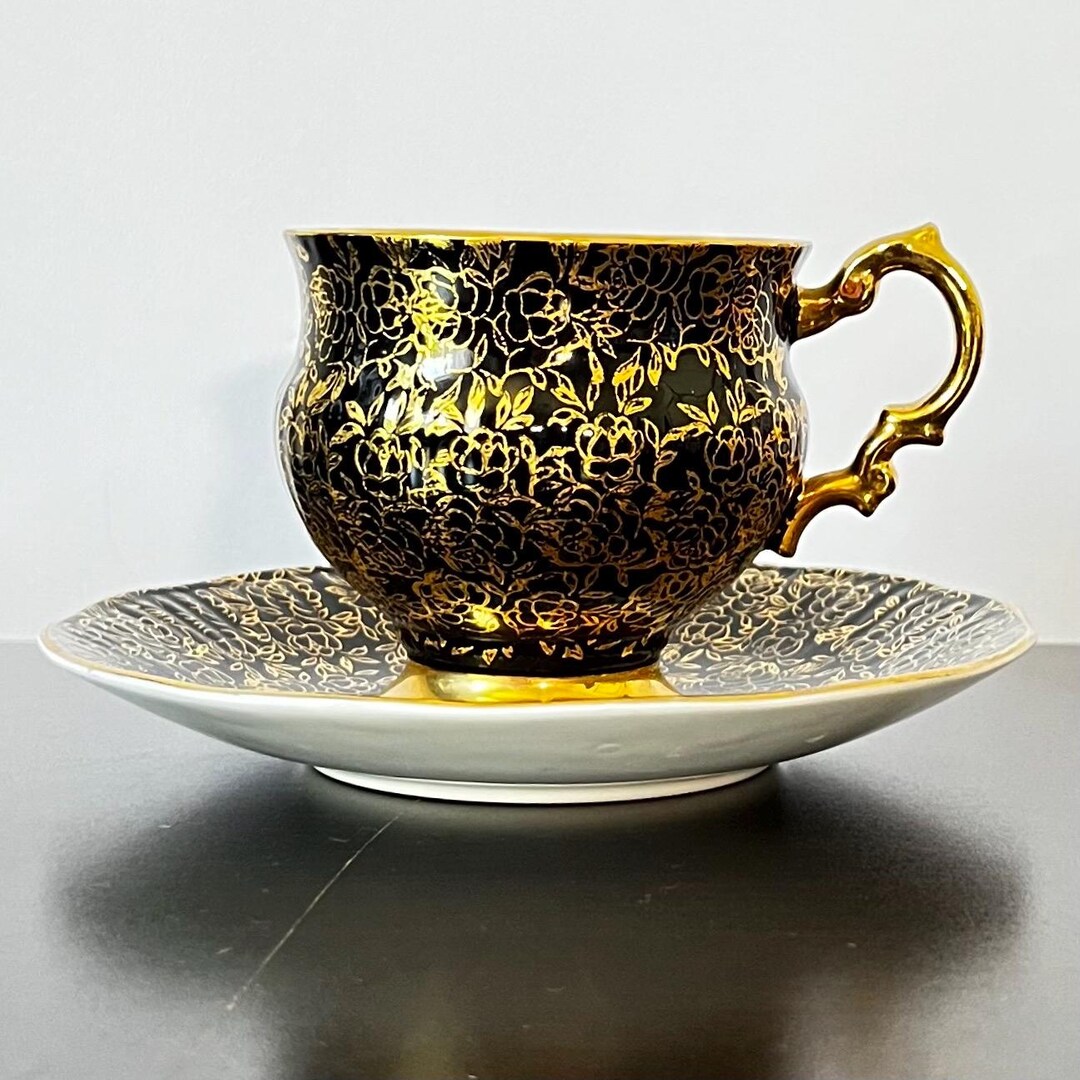Vintage Elizabethan Black, White and Gold Tea Cup and Saucer, Excellent ...