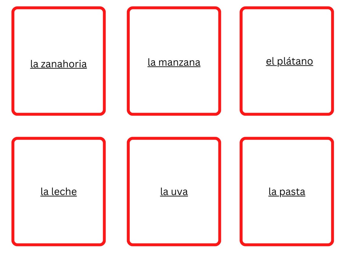 English Spanish Food Matching Flashcards Game 60 Cards With 60 Matching ...