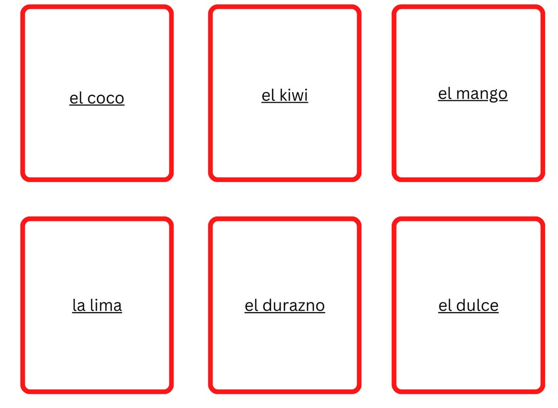 English Spanish Food Matching Flashcards Game 60 Cards With 60 Matching ...