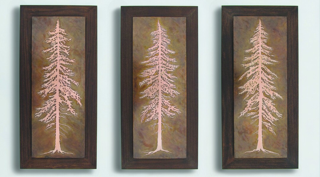 Copper Art, Etched Copper Pine Trees Framed Wall Art, Set of Three 13 ...