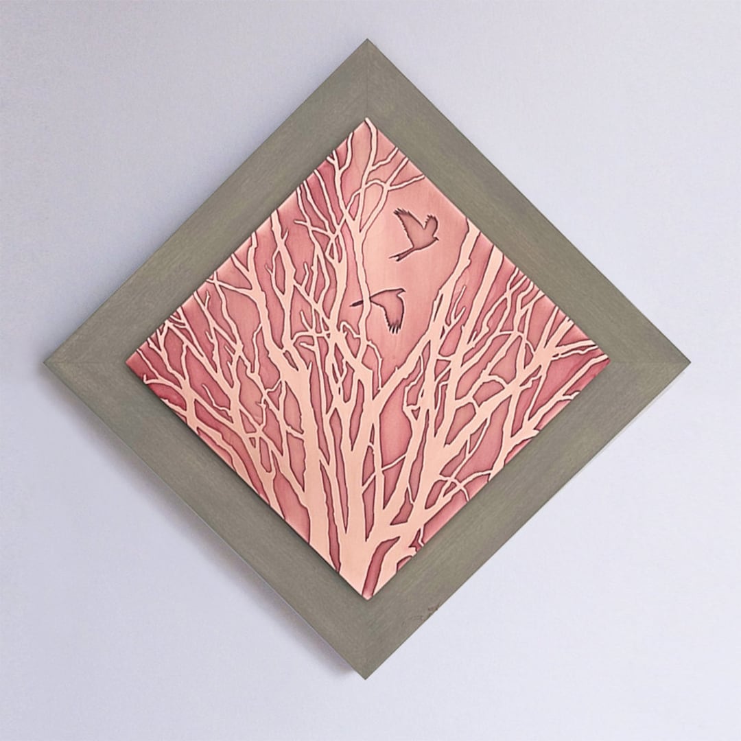 Copper Art, Etched Copper Trees, 16" Square Framed Wall Art, Metal Wall ...