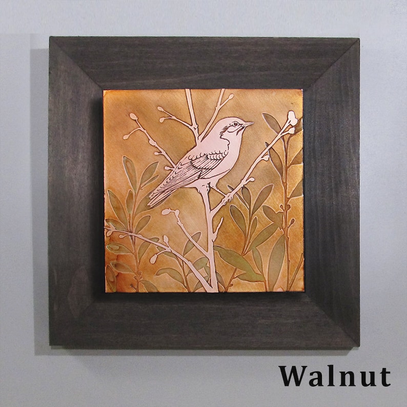 Copper Art, Etched Copper Bird in a Field 9" or 13" Square Framed Wall ...