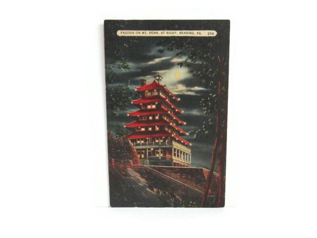 Vintage Reading Pennsylvania Linen Postcard Pagoda on Mt. Penn at Night ...