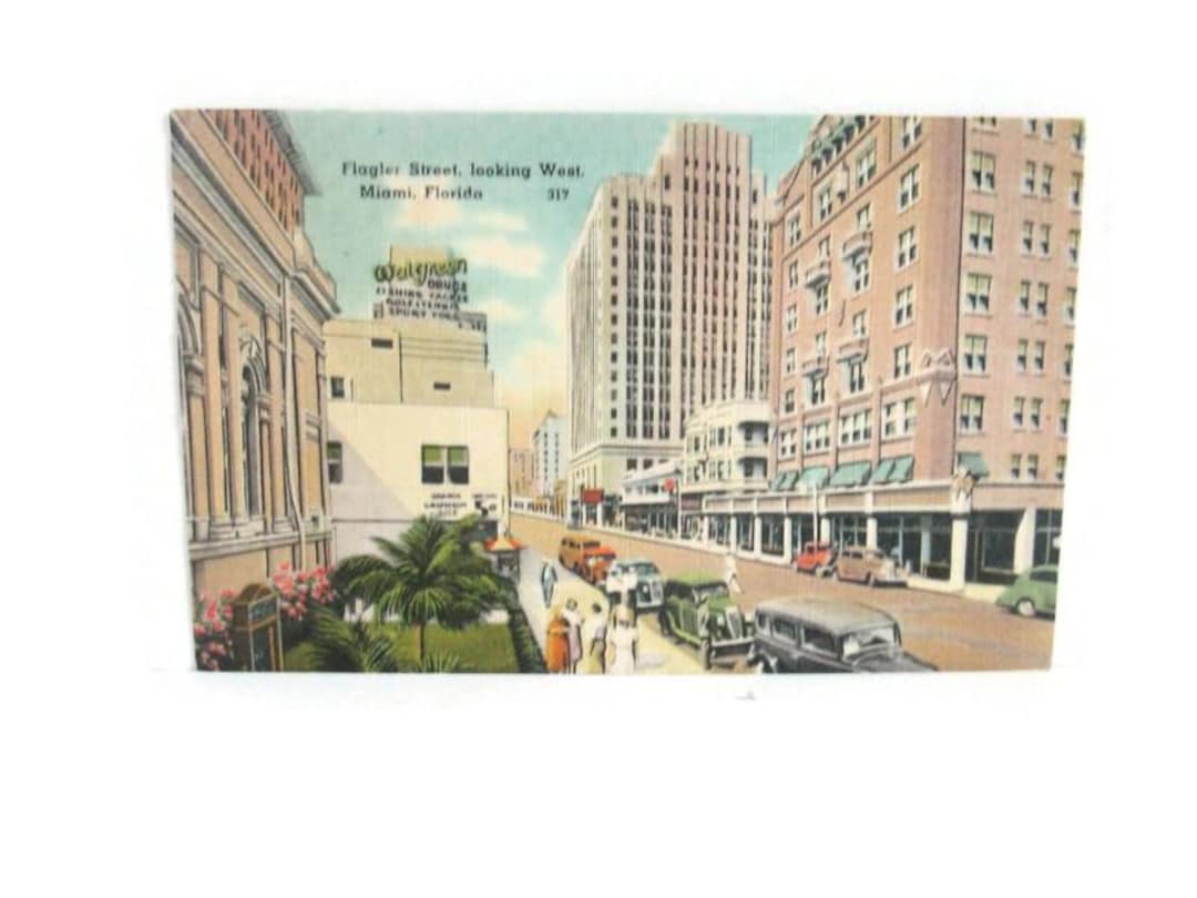 Vintage Miami Florida Linen Postcard Flagler Street Looking West - Etsy