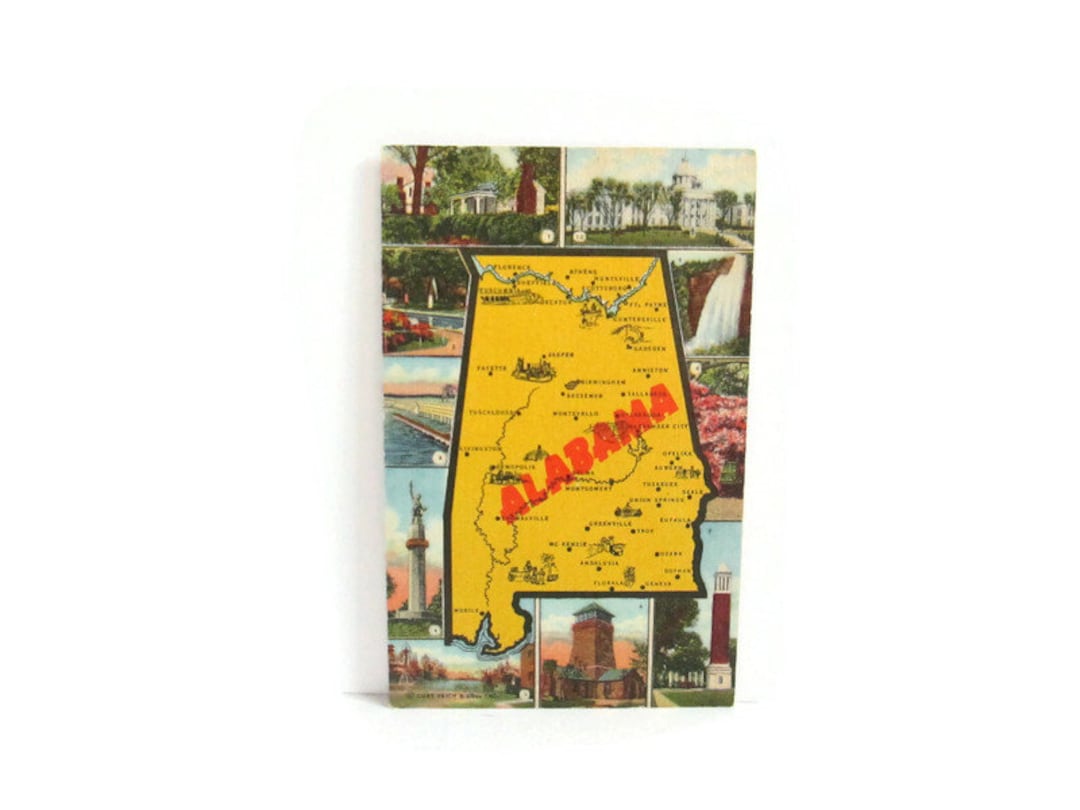 Vintage Alabama Linen Postcard Map of State - Etsy