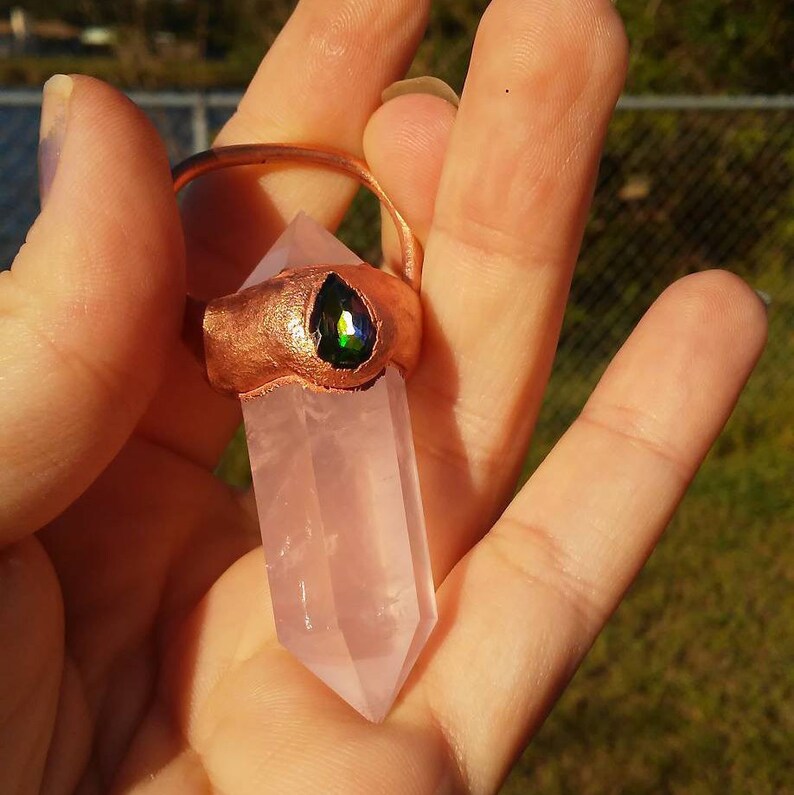 Copper Rose Quartz Pendant Necklace With Colorful Rhinestone. - Etsy