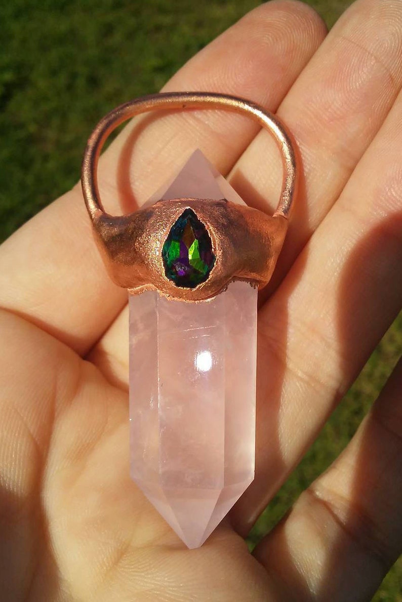 Copper Rose Quartz Pendant Necklace With Colorful Rhinestone. - Etsy