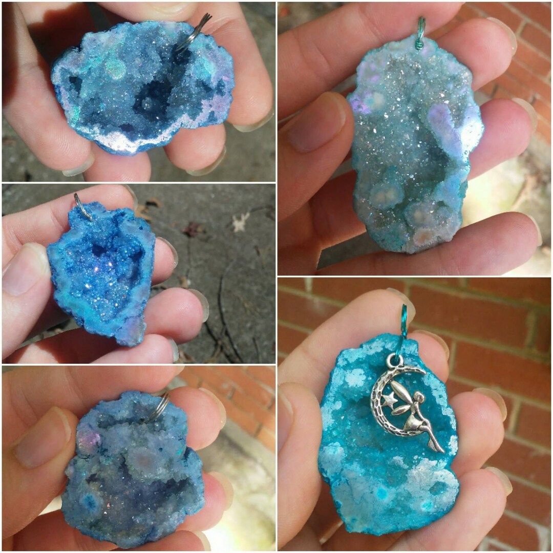 Blue Geode Druzy Quartz Crystal Pendant Necklace. 5 Different Styles to ...