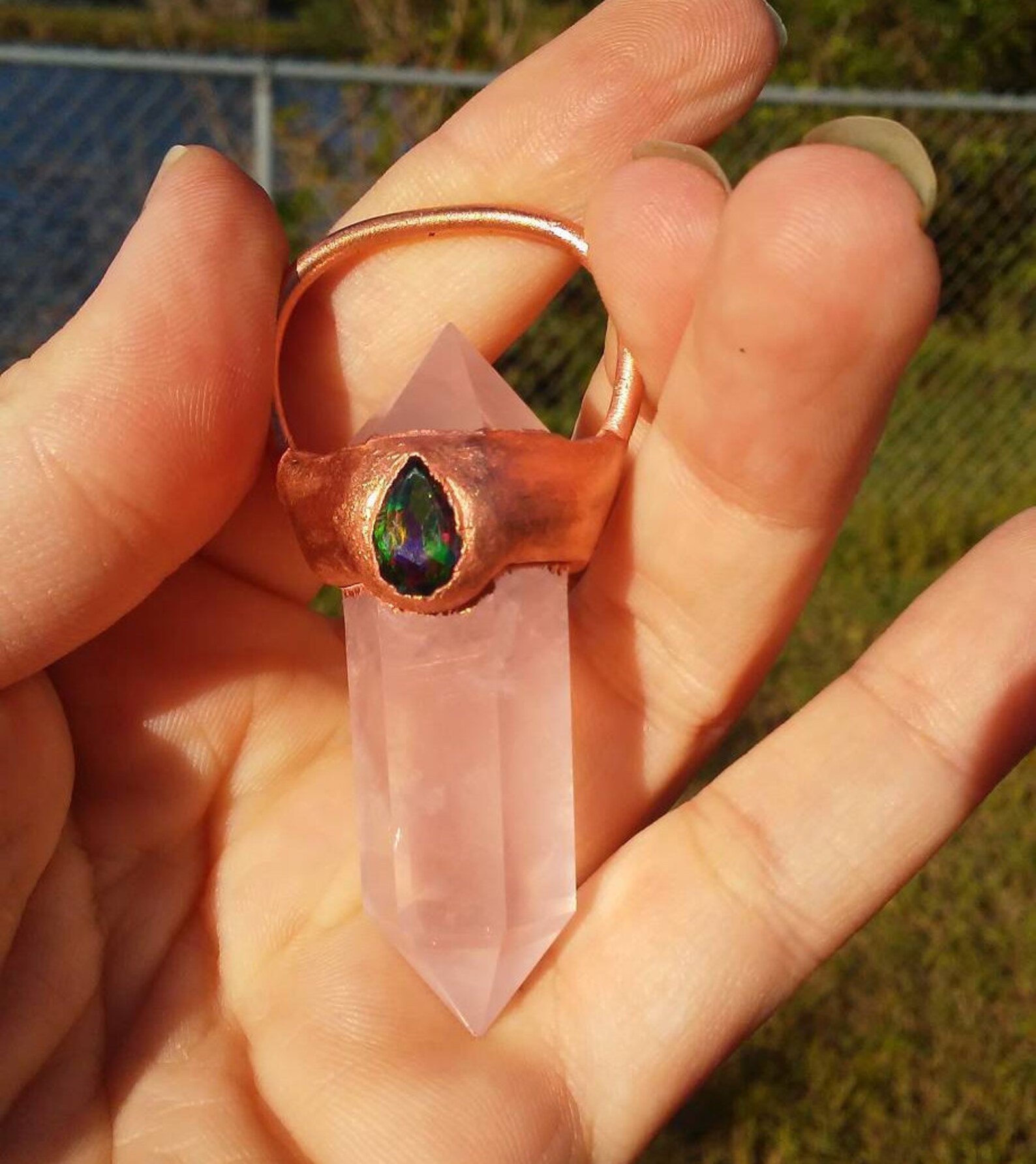 Copper Rose Quartz Pendant Necklace With Colorful Rhinestone. - Etsy