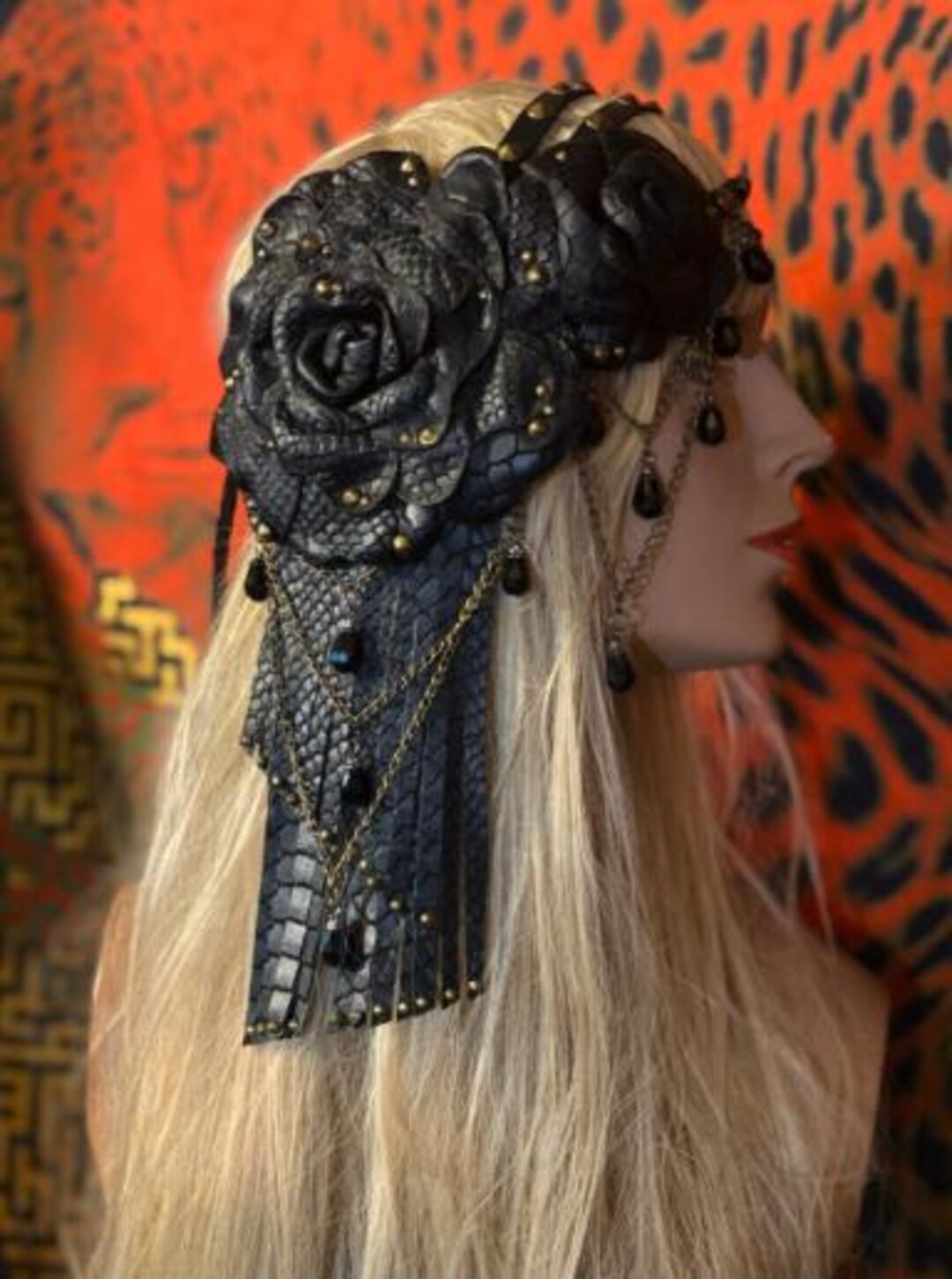 Burgundy Red Rose Burlesque Headpiece Made With Leather, Studded ...