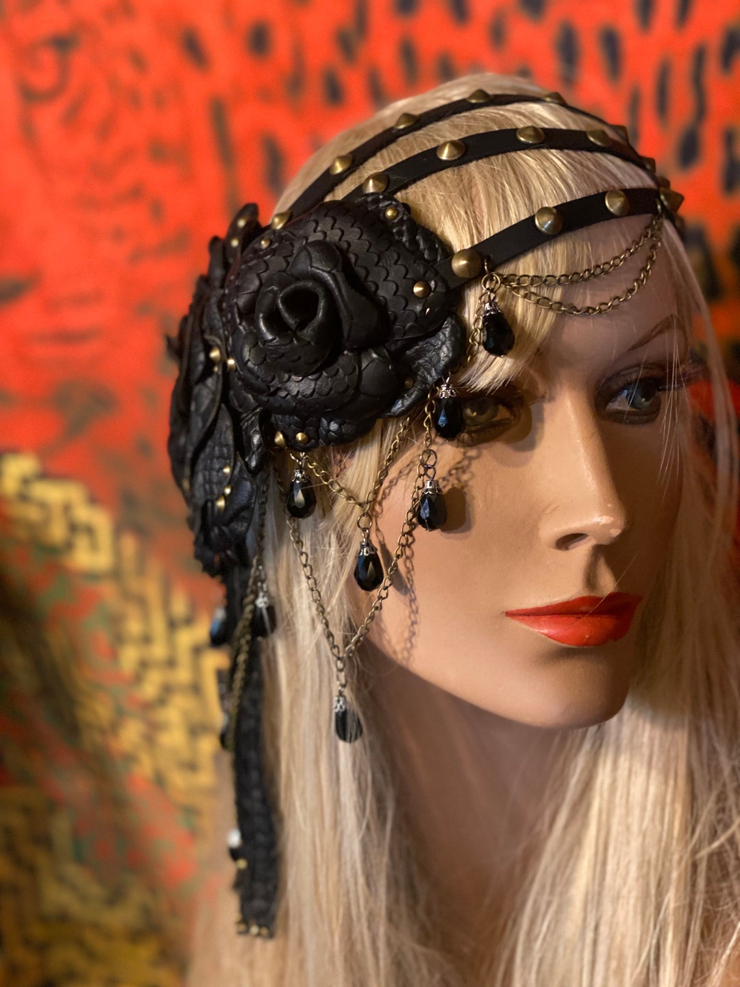 A Black Gold Leather Rose Beaded Fringe Headpiece, Gold Chain, Gold ...