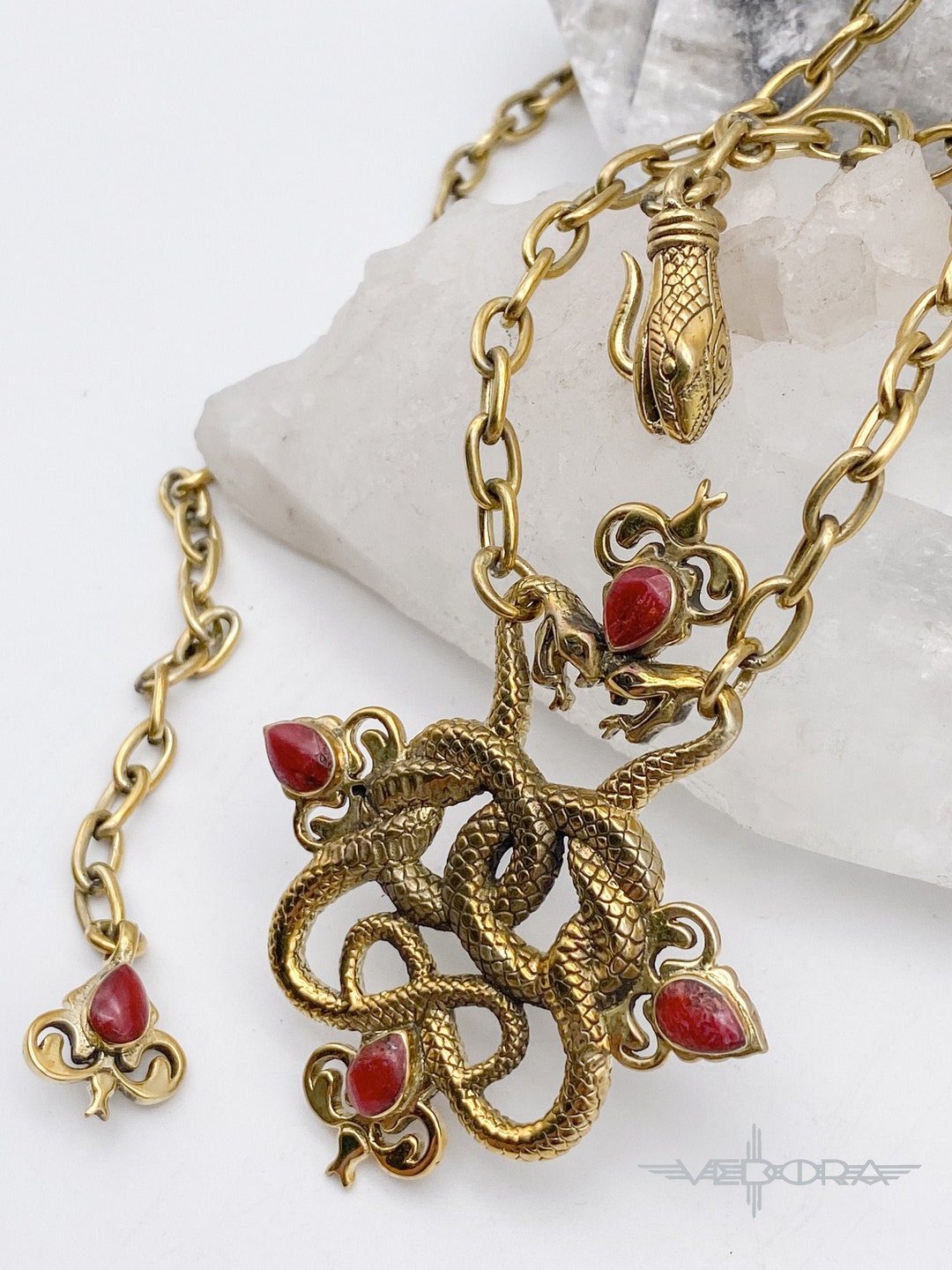Gold Chain Snake Necklace With Red Coral Inlay, Snake Jewelry, Snake ...