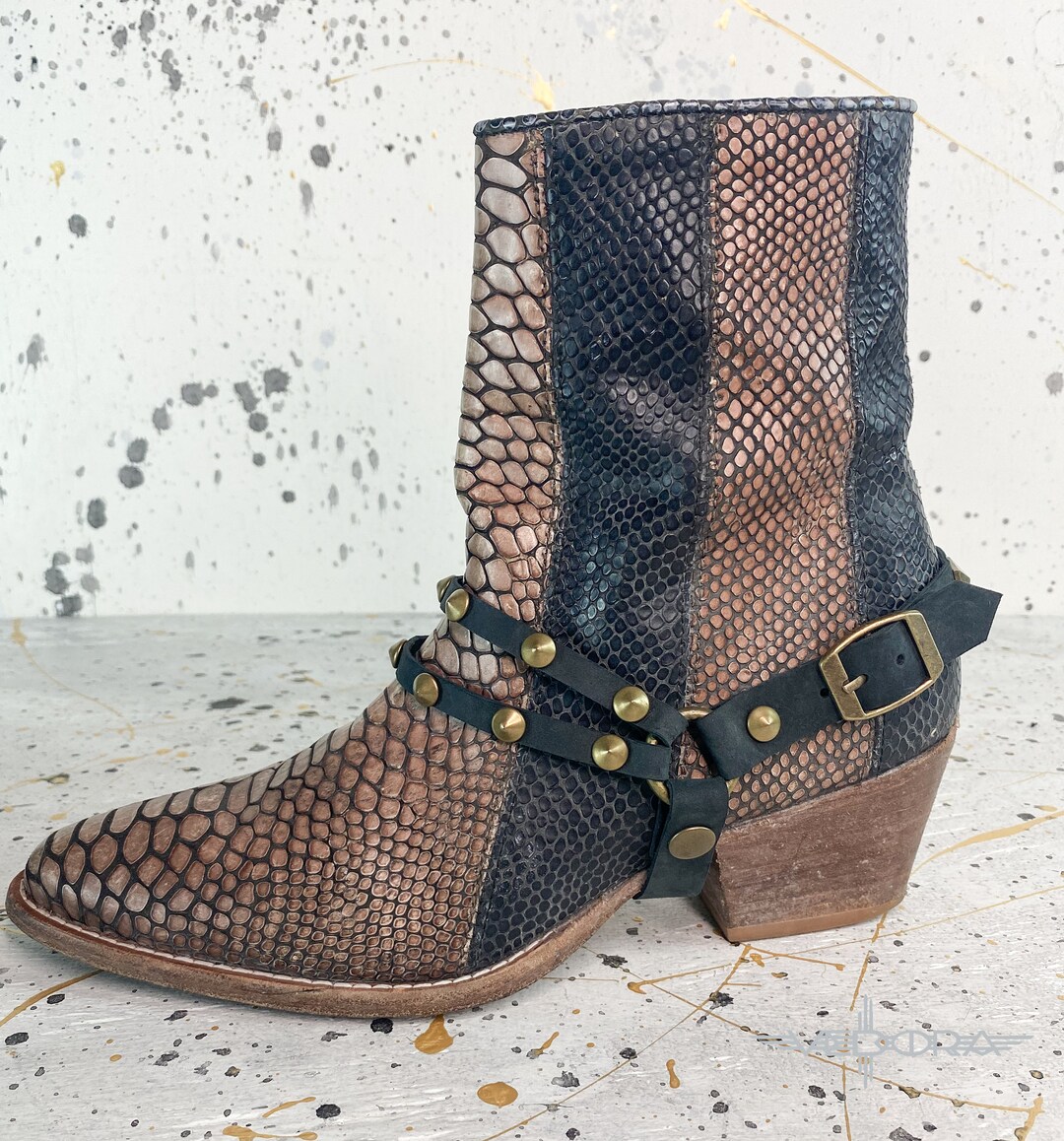 Black Gold Leather Bootstrap, Studded Boot Harness, Motorcycle Boot ...