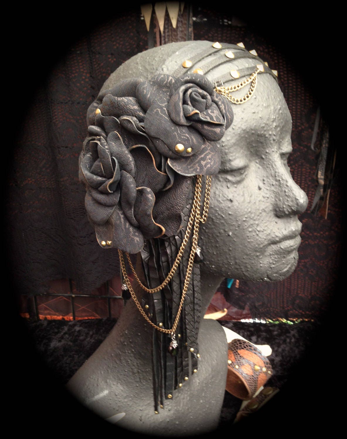 Black Rose Head Piece Leather Rose Headpiece Chain Headdress - Etsy