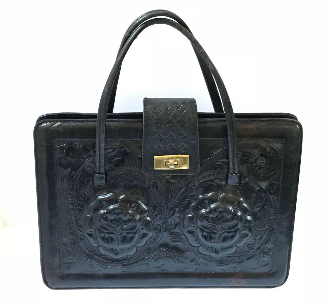 Large Black Handbag With Dramatic Allover Tooled - Like Embossed Design ...