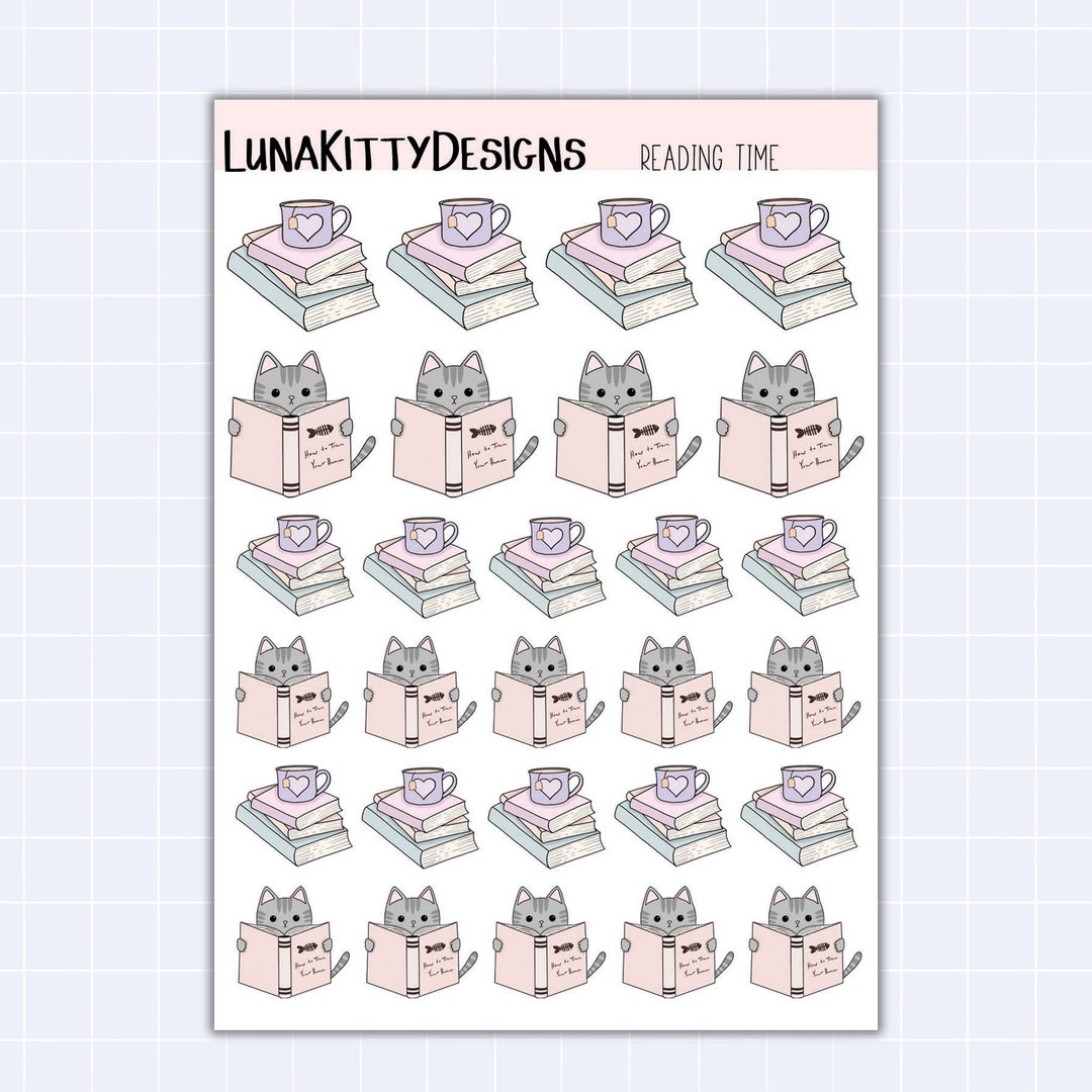 Reading Time, Cat Book Planner Sticker Sheet, Book Sticker Sheet, Bujo ...