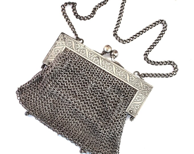 Antique Chain Link Purse, Vintage 1900s German Silver Mesh Bag Engraved ...