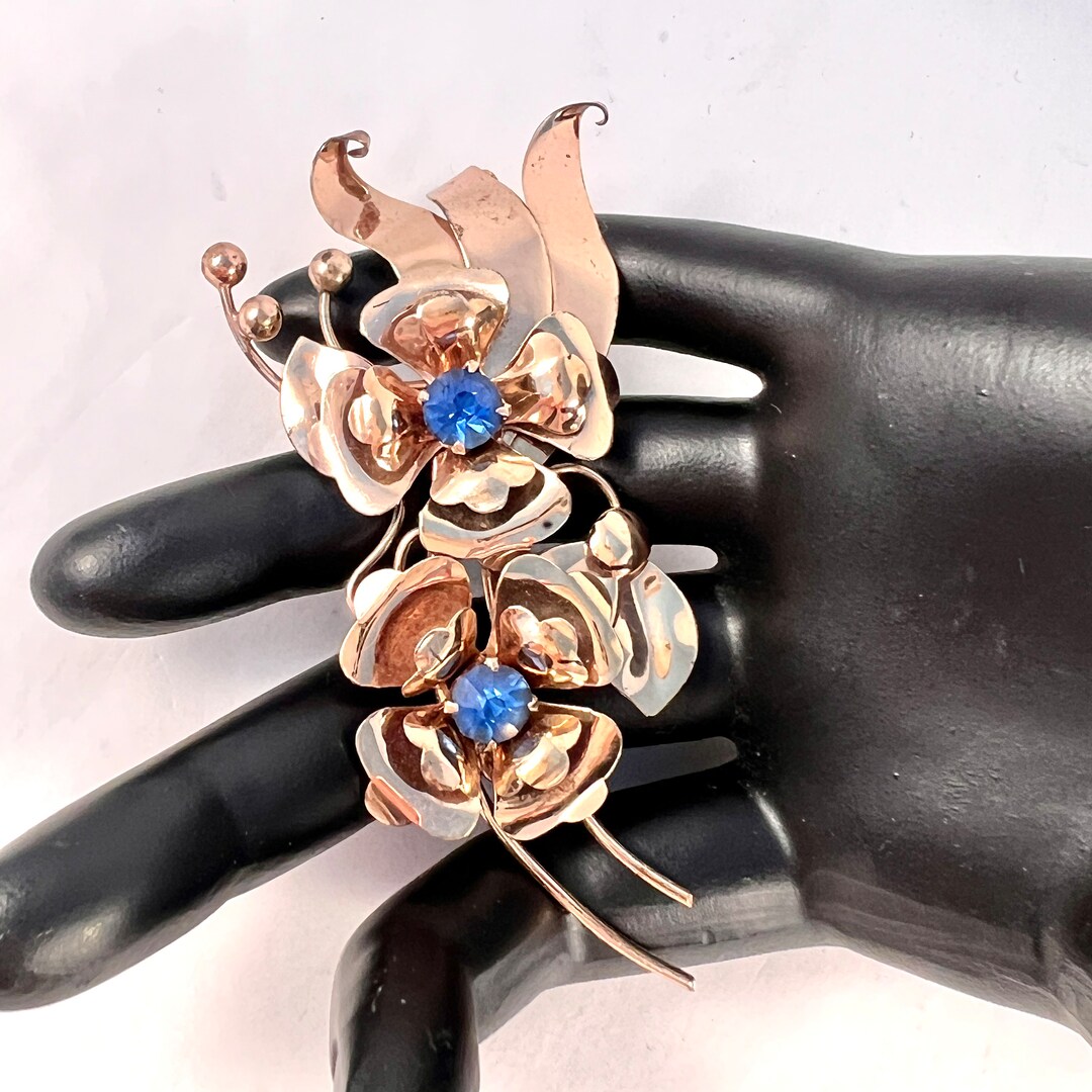 Vintage Rose Gold Two Flower Brooch, HARRY ISKIN Signed Sterling Gold ...
