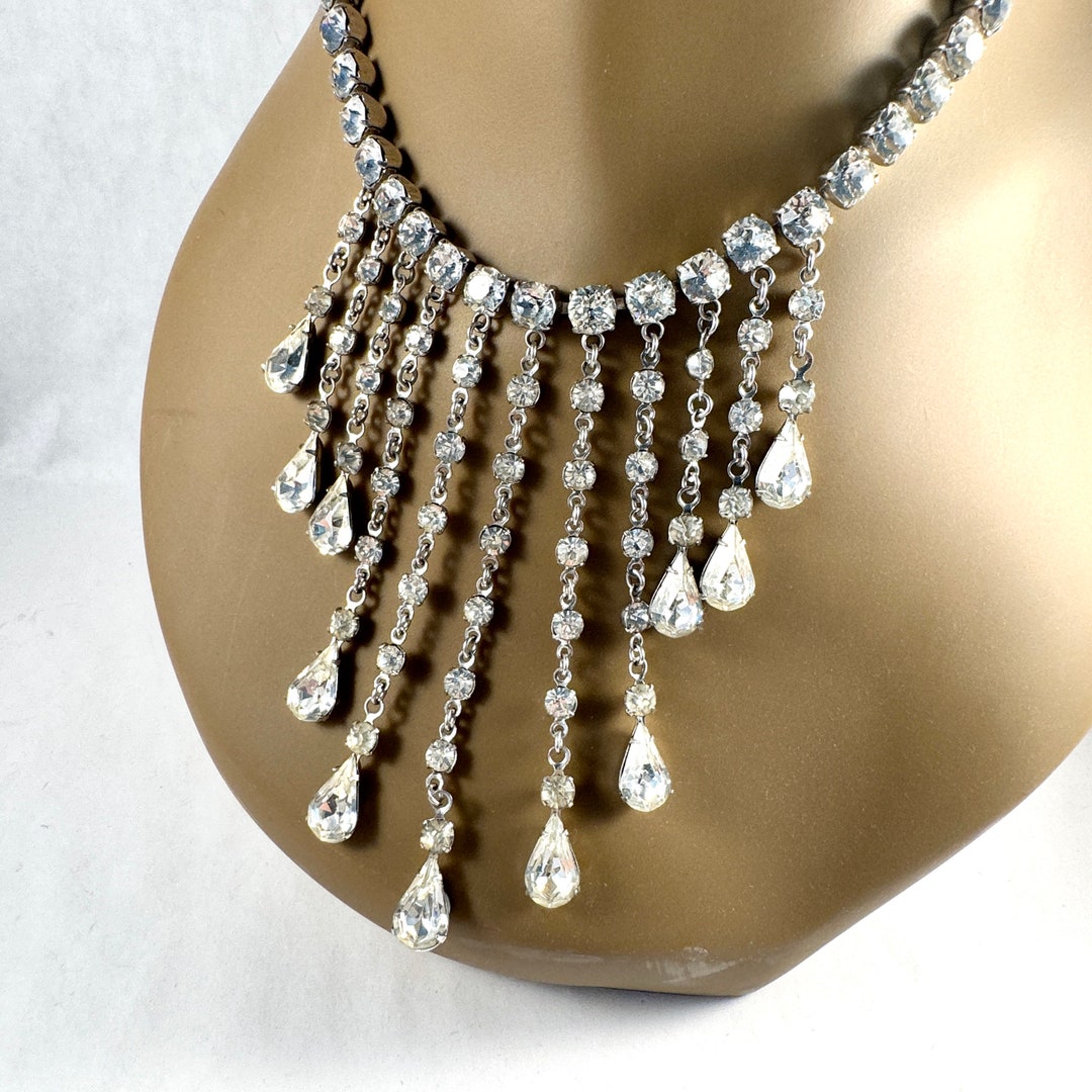 Long Large Rhinestone Necklace, 11 Strand Vintage Rhinestone Dangle ...