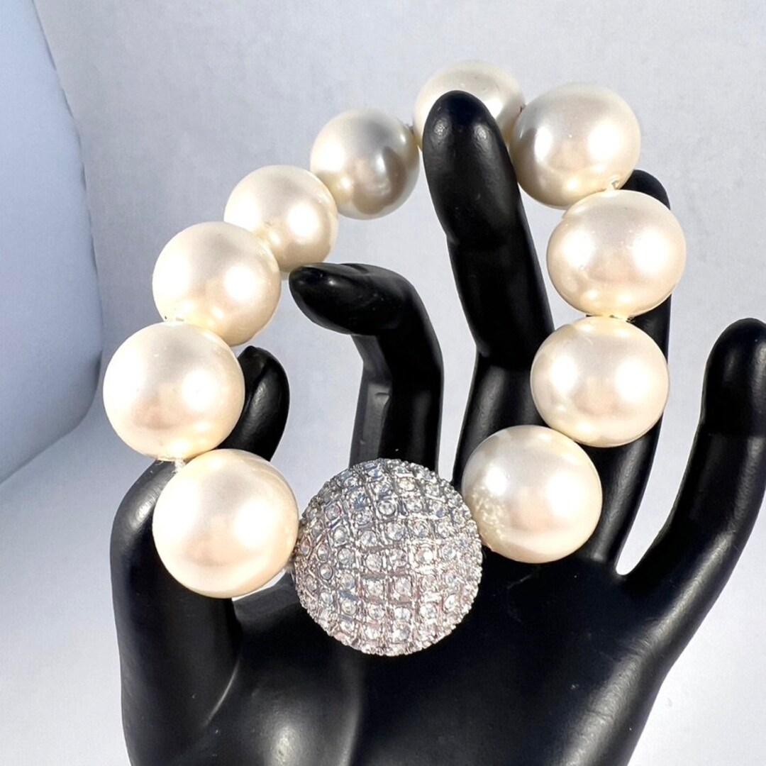 Large Faux Pearl and Rhinestone Bracelet, Vintage Chunky Cream White ...
