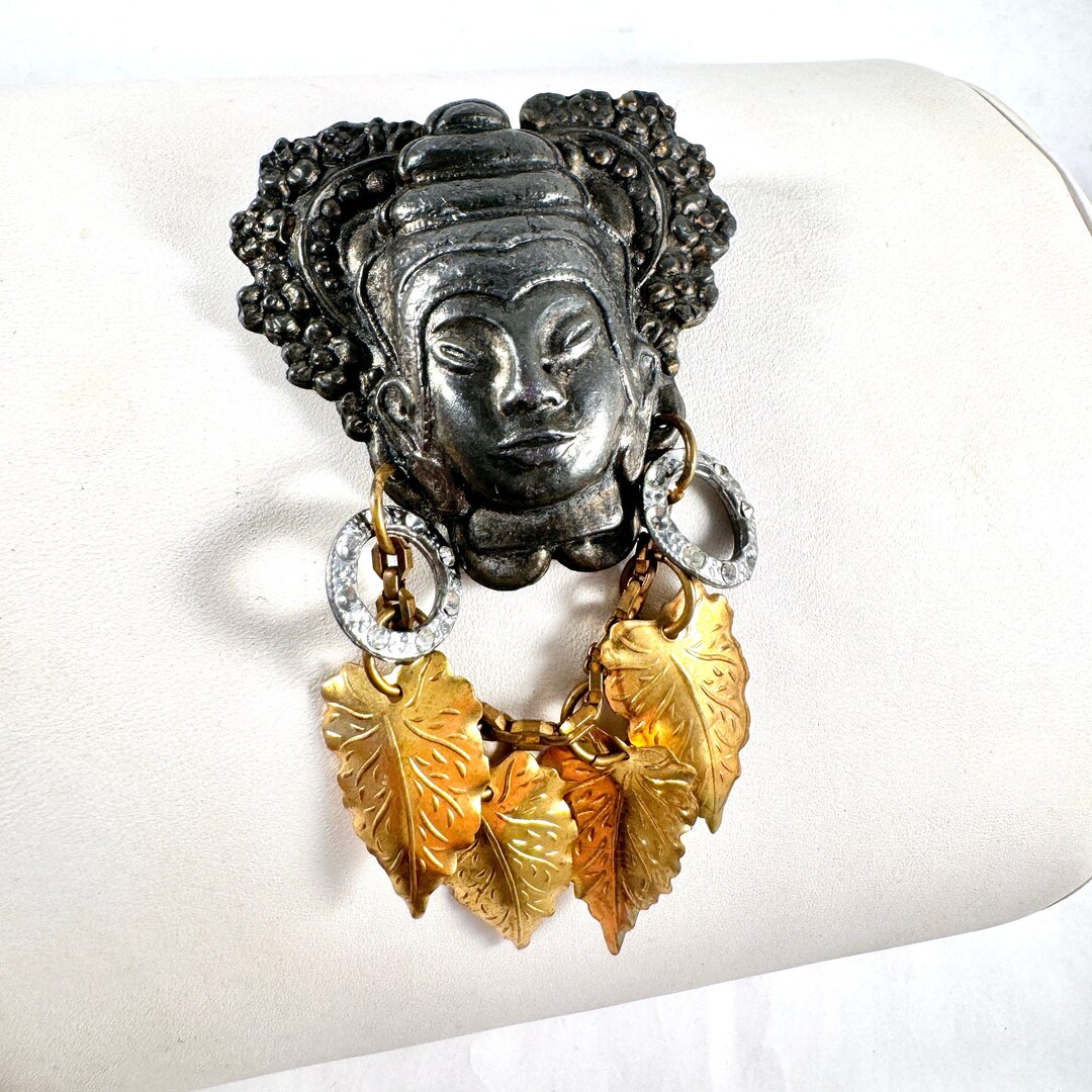 Vintage Warrior Buddha Brooch, Darkened Cast Brass Asian Gold Face ...