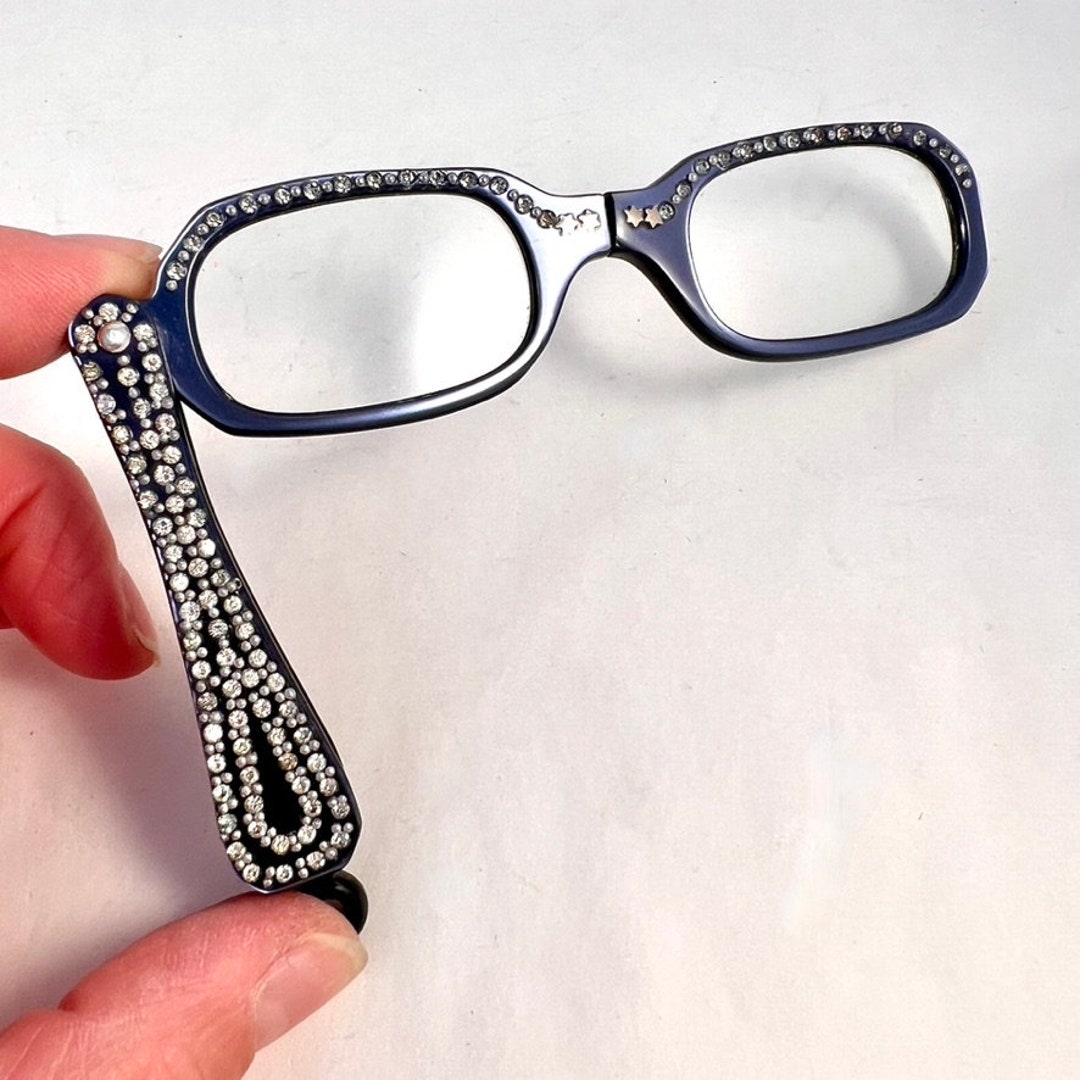 Vintage Rhinestone Folding Reader Glasses, Blue Lucite Lorgnette Opera ...