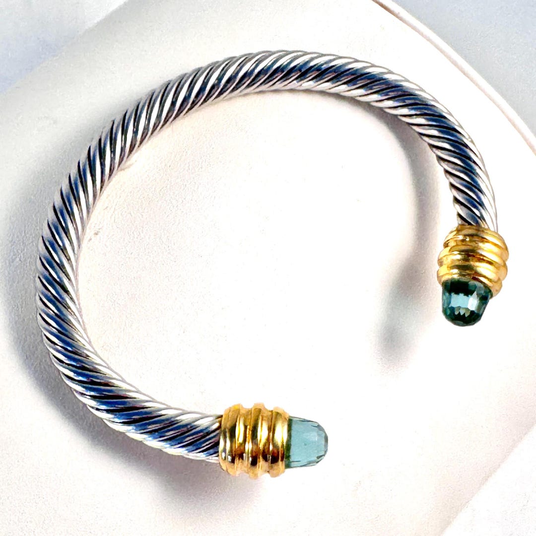 Sterling Silver Cable Bangle Cuff Bracelet Gold Plated End Caps Faceted ...
