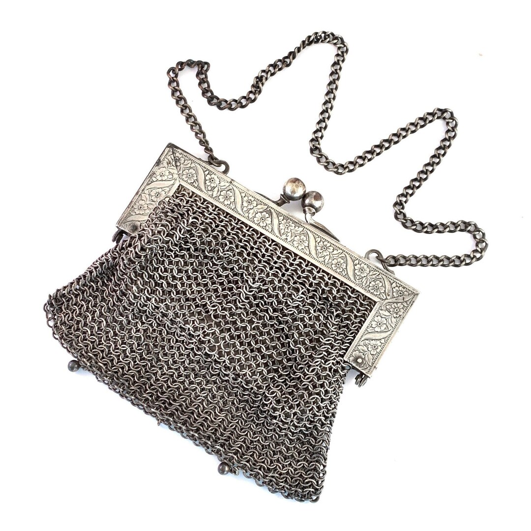 1900s Antique Chain Link Purse, Vintage German Silver Mesh Bag Engraved ...