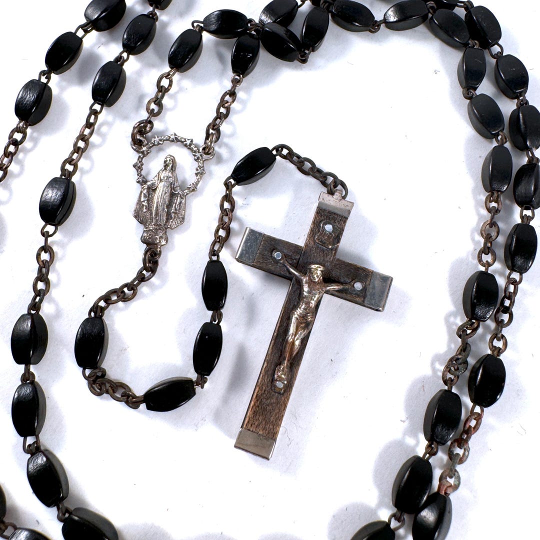 Black Bead Rosary With Wooden Crucifix, Vintage Made in Italy ...