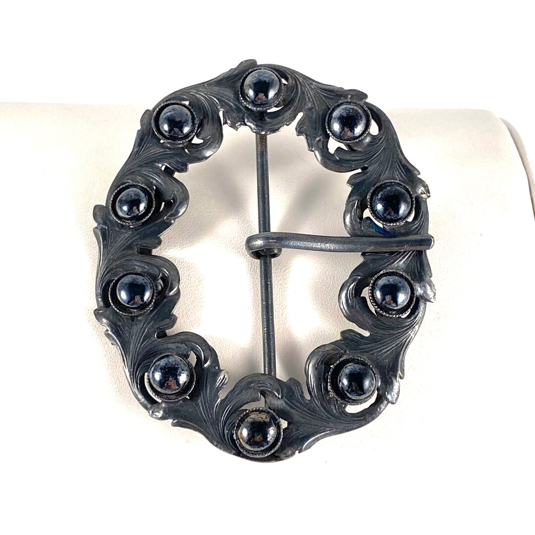 Art Nouveau Oval Belt Buckle, Large Vintage Black Cabochon Glass Stones ...
