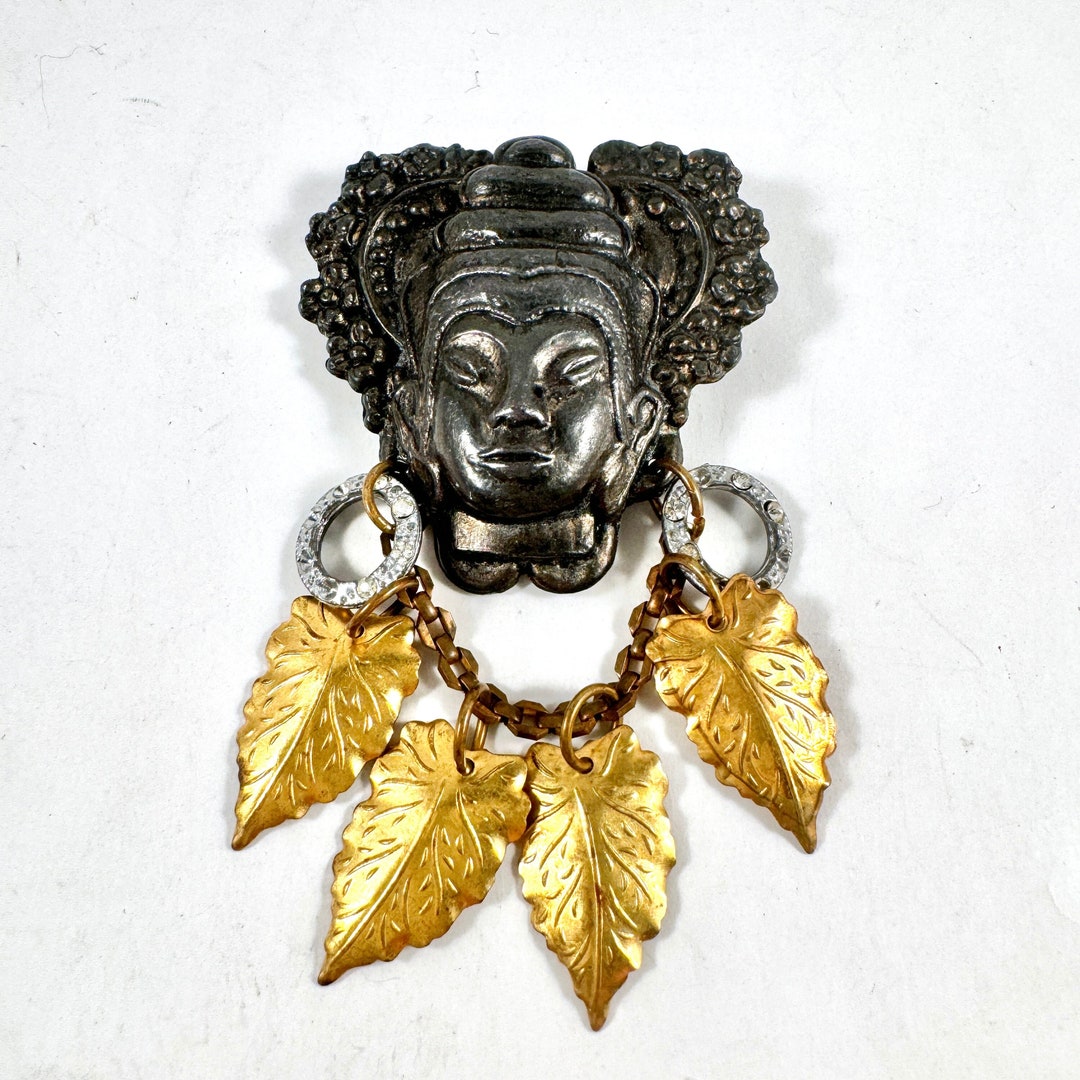 Asian Warrior Buddha Brooch, Vintage Darkened Cast Brass Gold Face ...