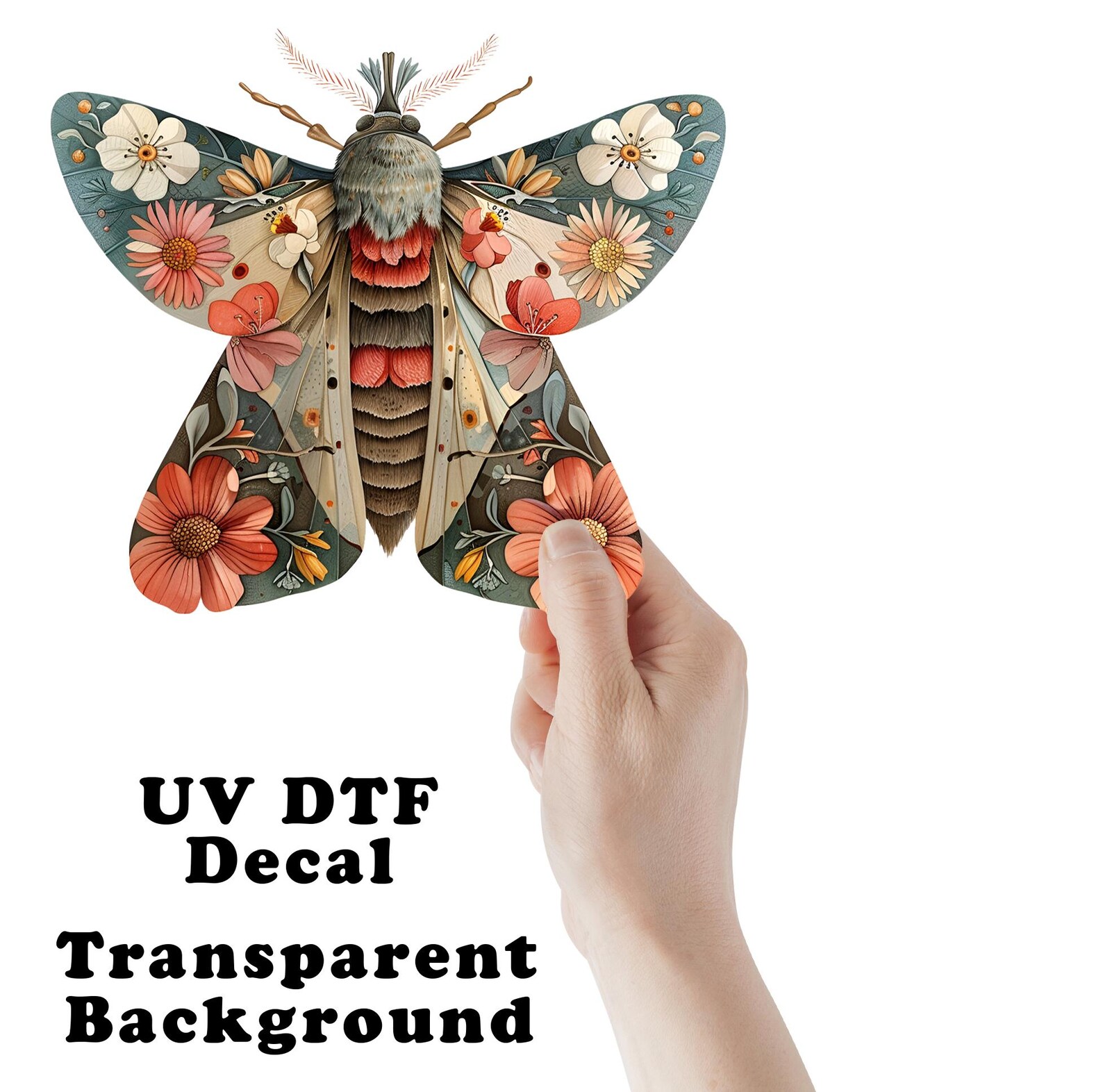 Flower Folk Art Moth UV DTF Transparent Decal / Sticker You Choose Size ...