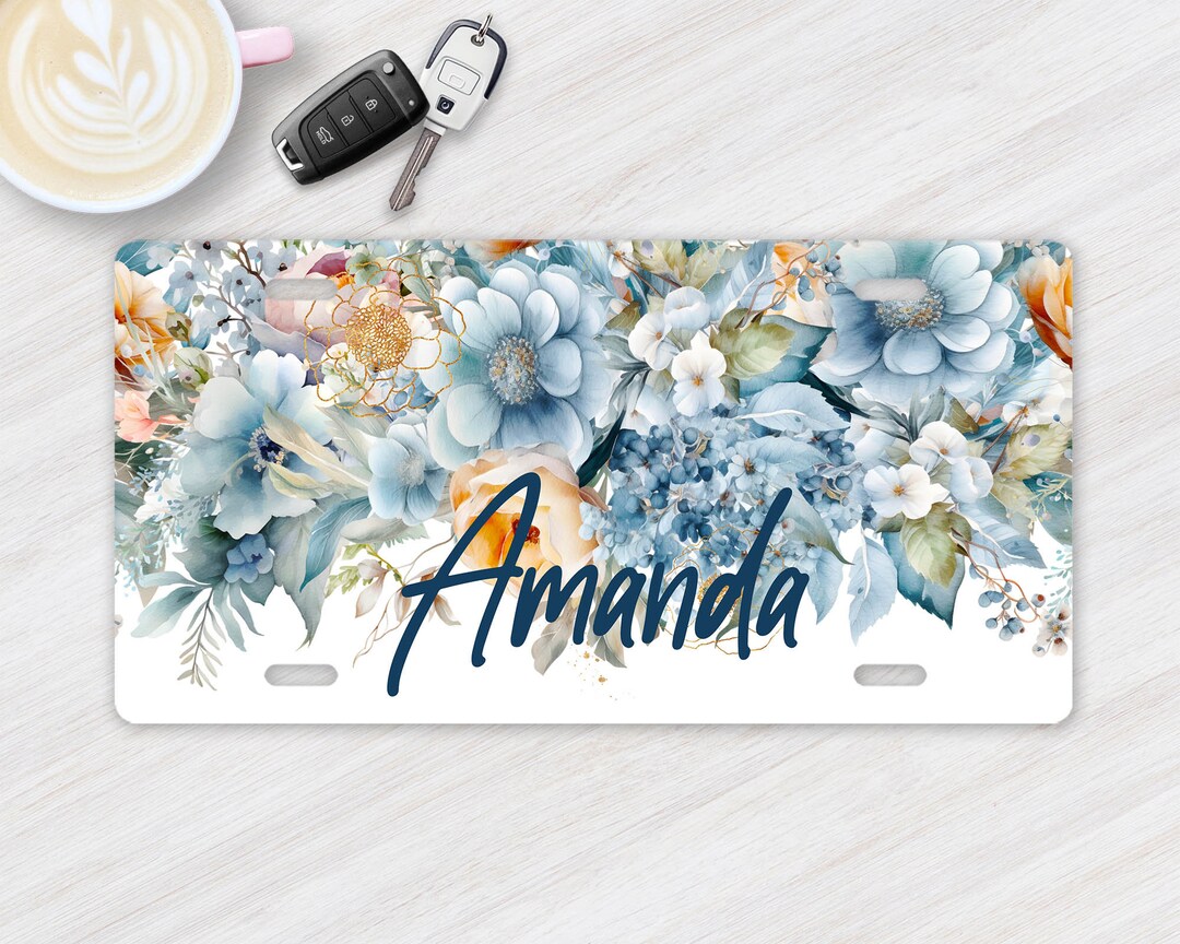 Personalized Blue Floral Vanity Decorative Front License Plate Cute Car ...
