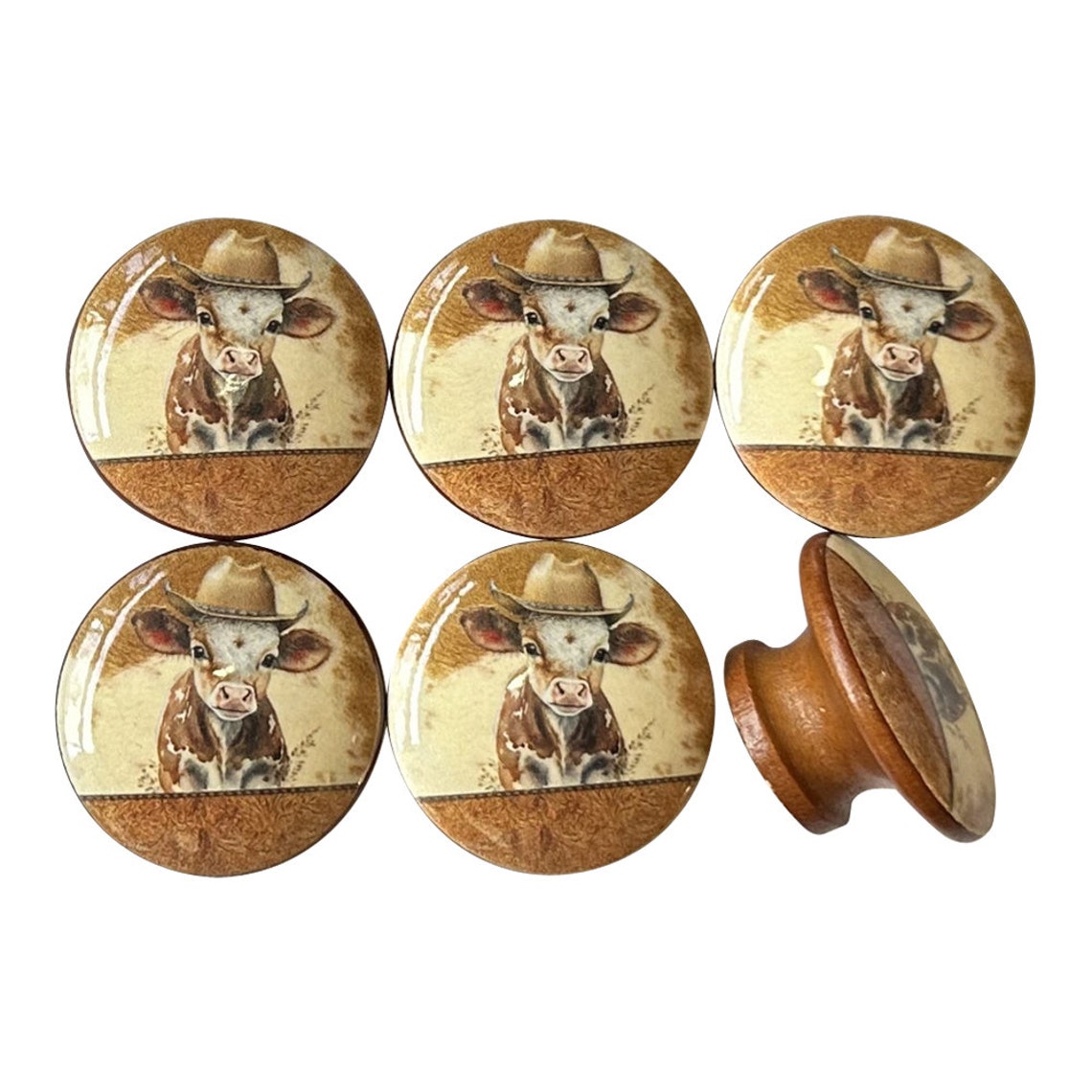 Set of 6 Cowboy Calf Cow Wood Cabinet Knobs, Kitchen Cabinet Knobs ...