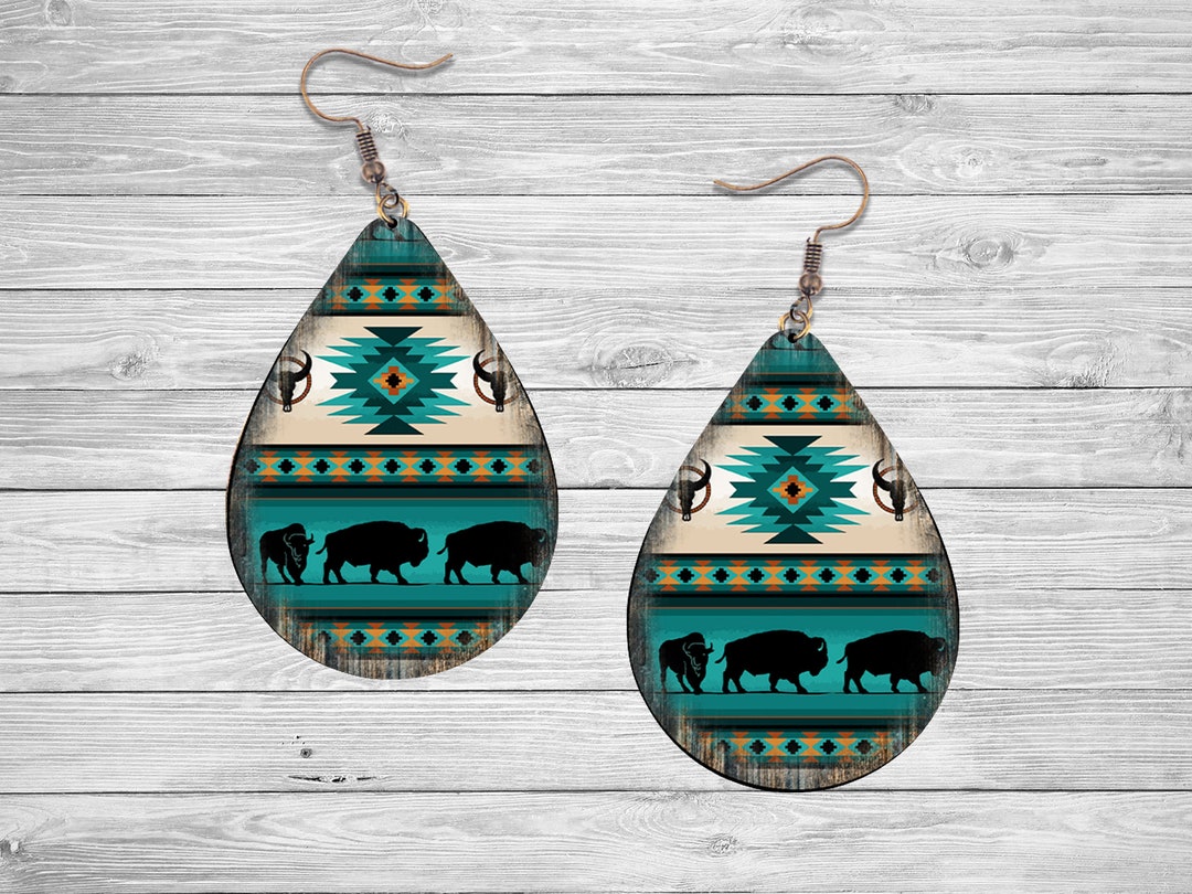 Western Tribal Buffalo Tear Drop Dangle Printed Earrings Jewelry ...