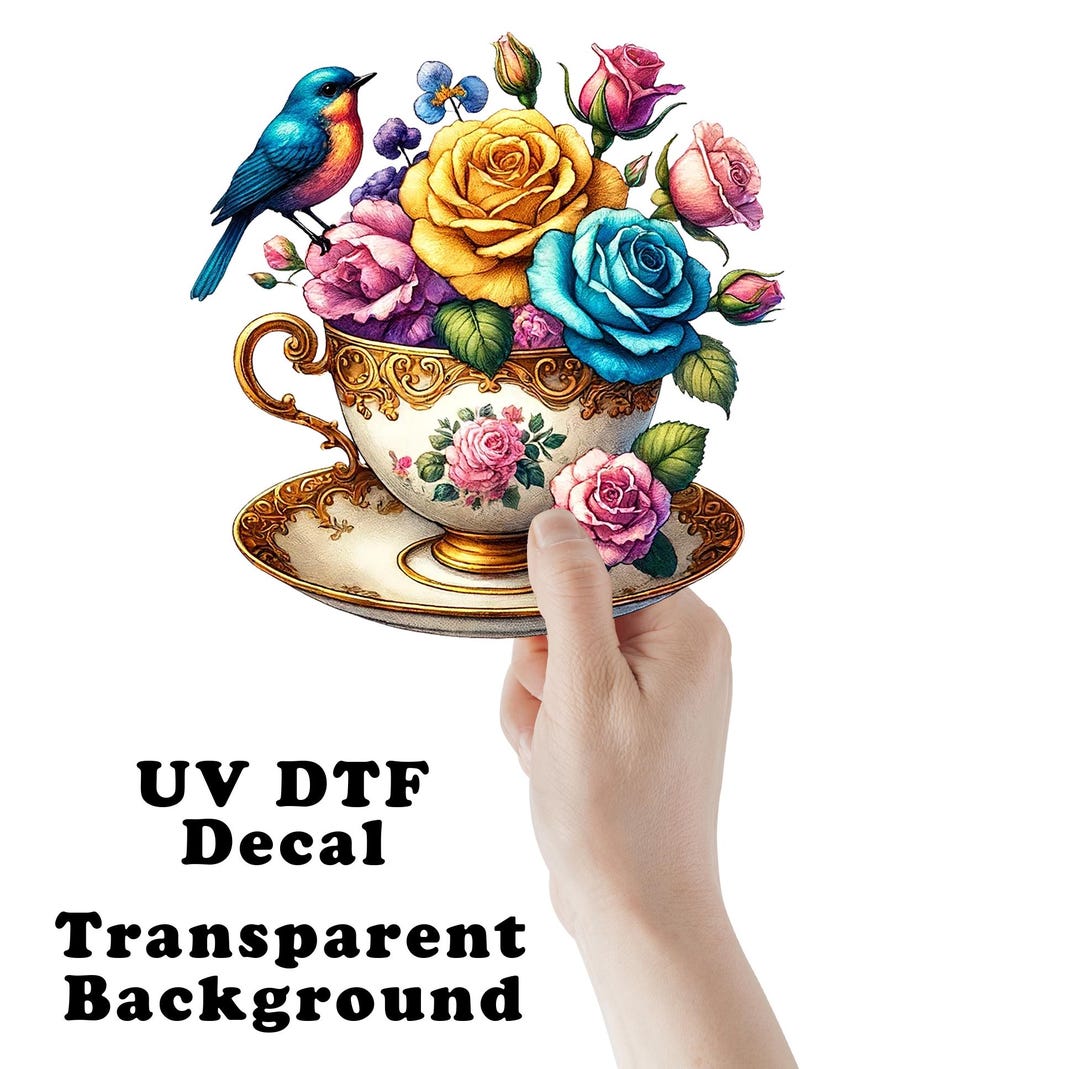 Floral Teacup and Bird UV DTF Transparent Decal / Sticker You Choose ...
