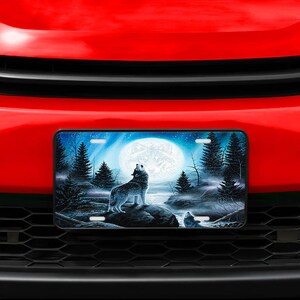 Wolf Howl at the Moon Aluminum Front License Plate and Car Coaster Set ...