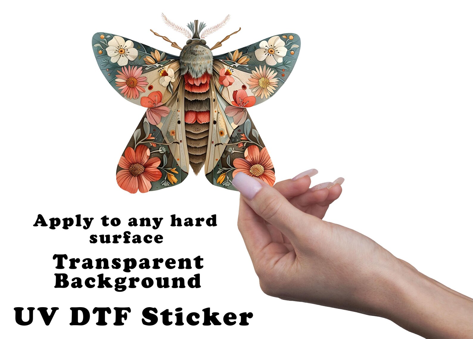 Flower Folk Art Moth UV DTF Transparent Decal / Sticker You Choose Size ...