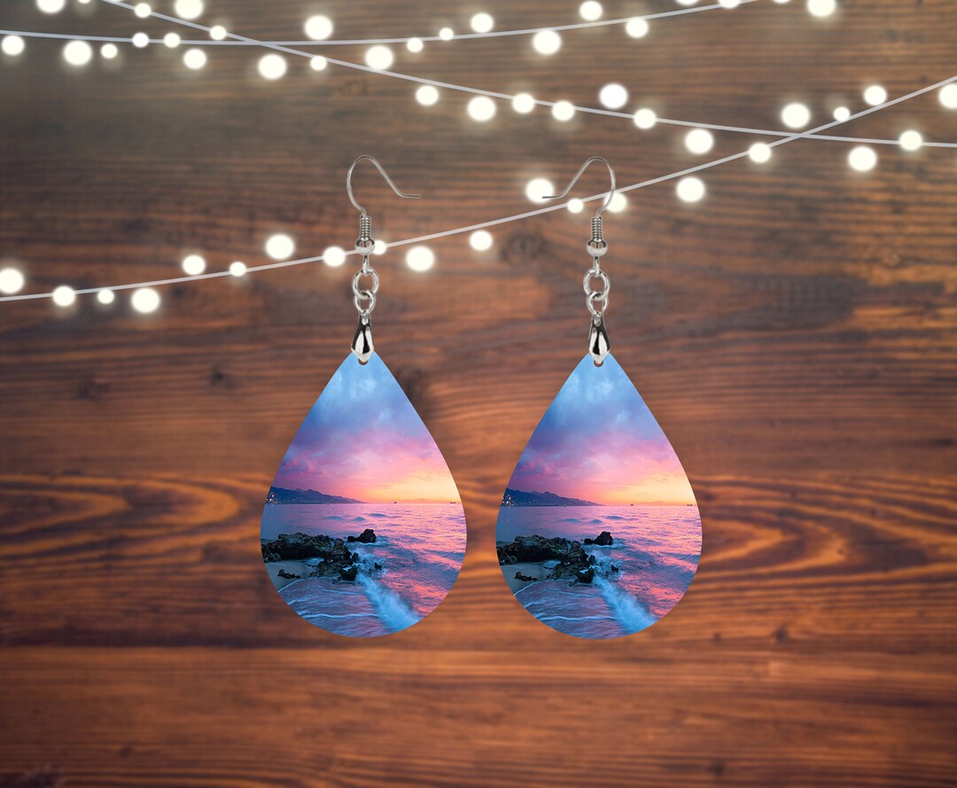 Set of Beach Sunset Tear Drop Dangle Printed Earrings - Etsy